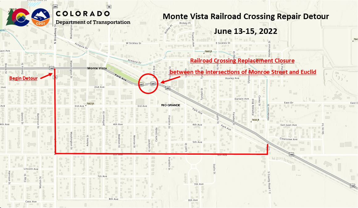 Monte Vista railroad crossing repair detour at US 285 project map ...