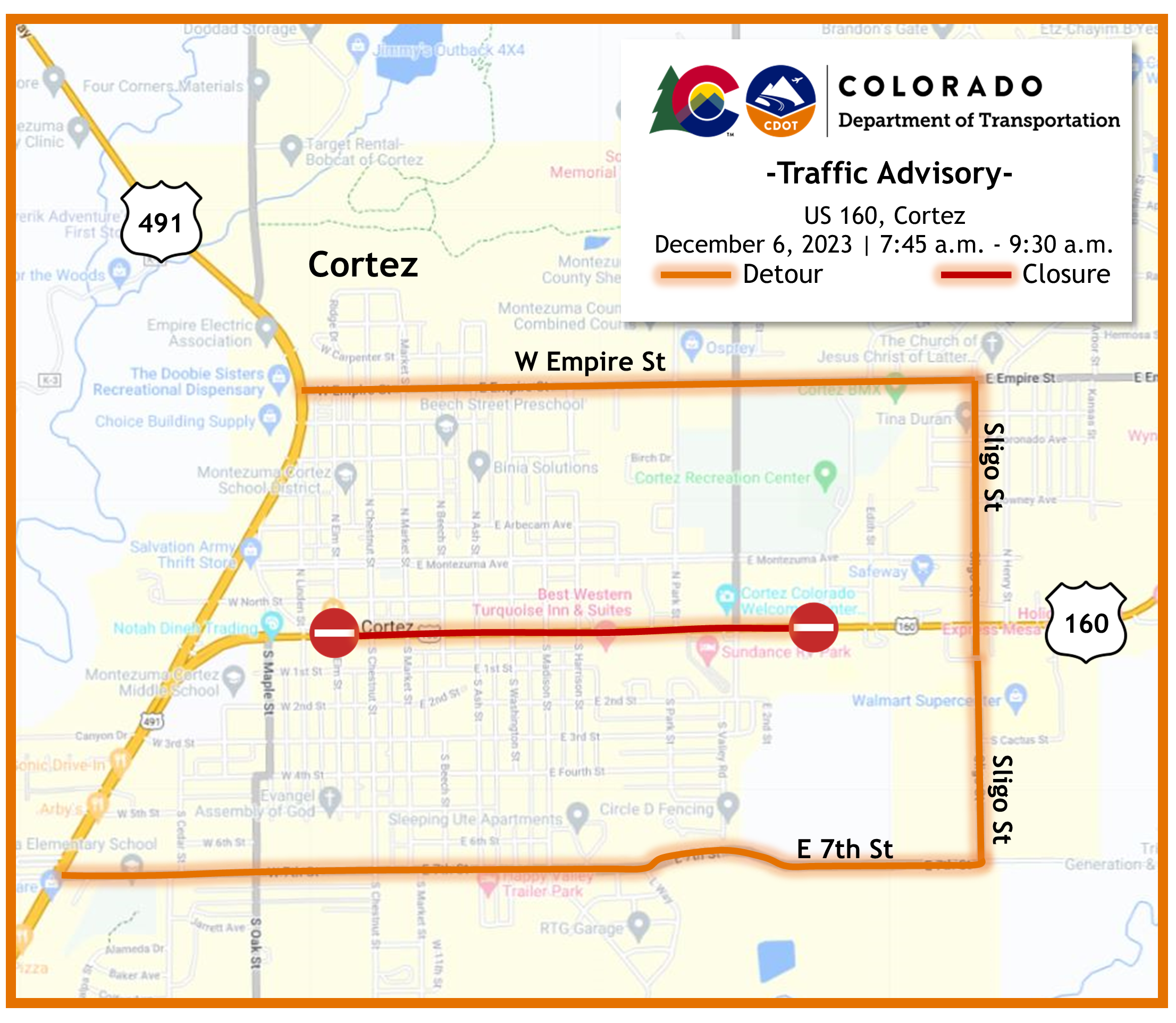 Cortez PD funeral procession detour map.png — Colorado Department of ...