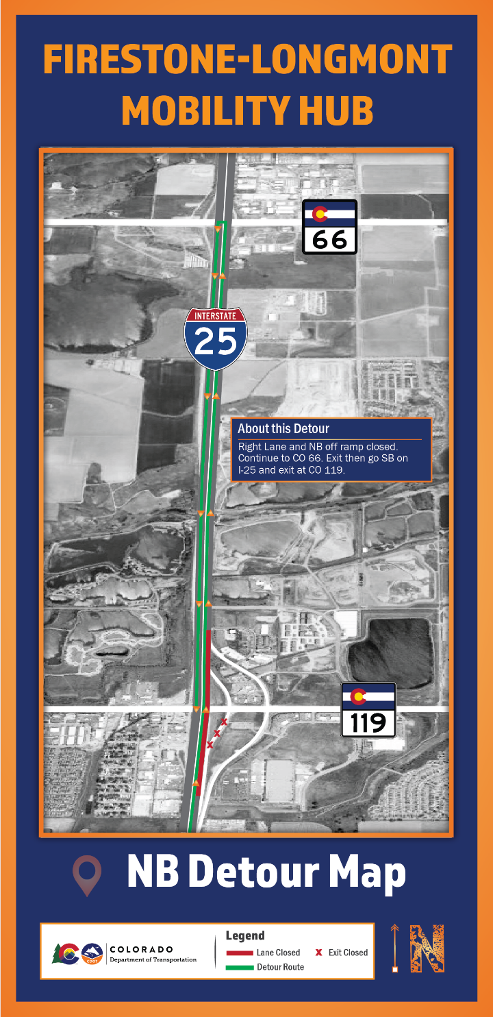 Firestone-Longmont Mobility Hub northbound I-25 detour map at Exit 240 ...
