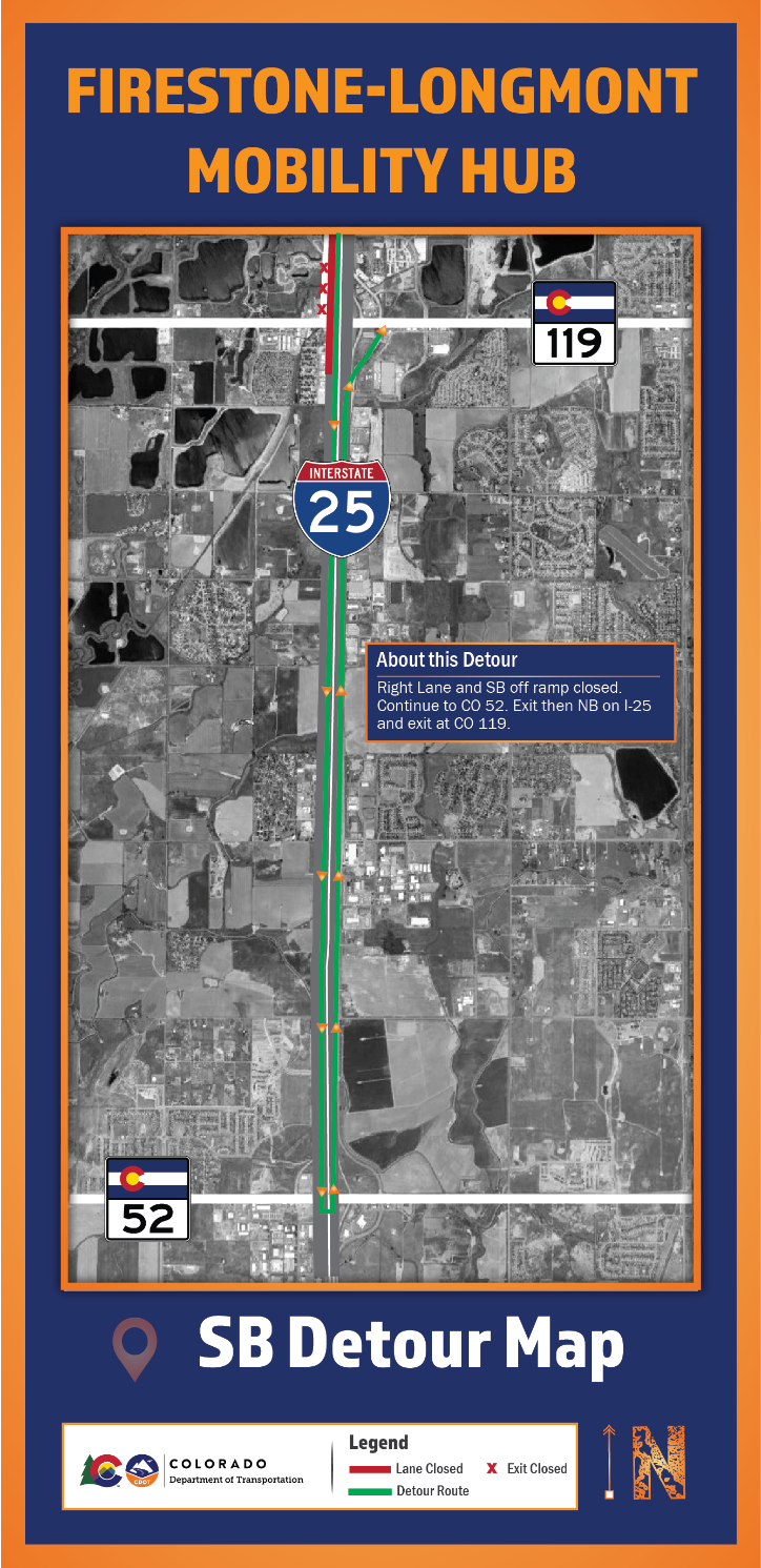 Firestone-Longmont Mobility Hub southbound I-25 detour map at Exit 240 ...