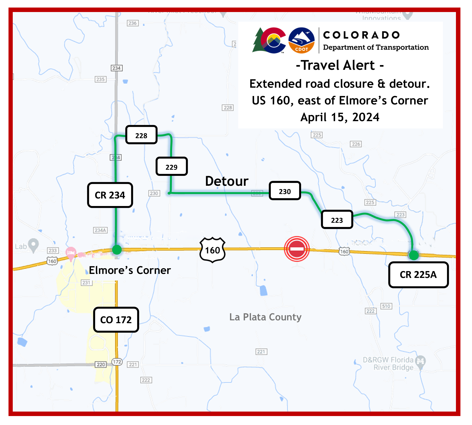 Detour map of US 160 highway closure east of Elmore Corner.png ...