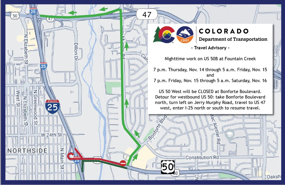 Detour map of westbound US 50 closure at Bonforte Boulevard in Pueblo ...