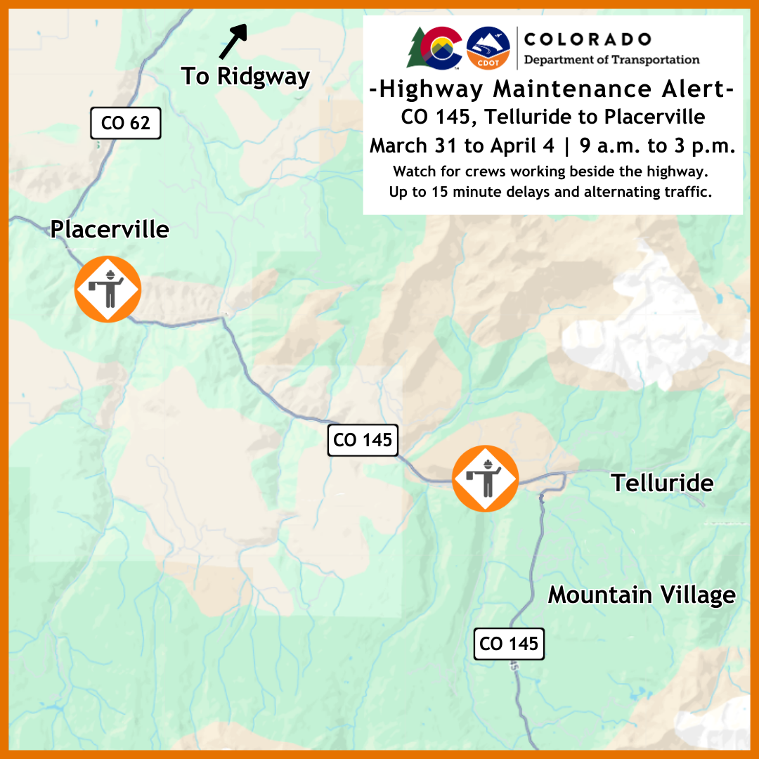 Highway Maintenance Alert Map CO 145 between Telluride and Placerville ...