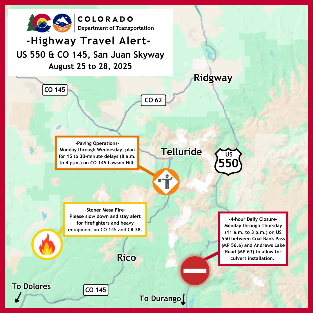 US550 Closure and CO145 maintenance operations map 08252025-08282025 ...
