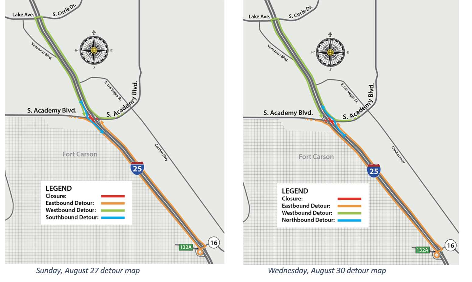 Southbound and northbound I-25 detour maps using on- and off-ramps.png ...
