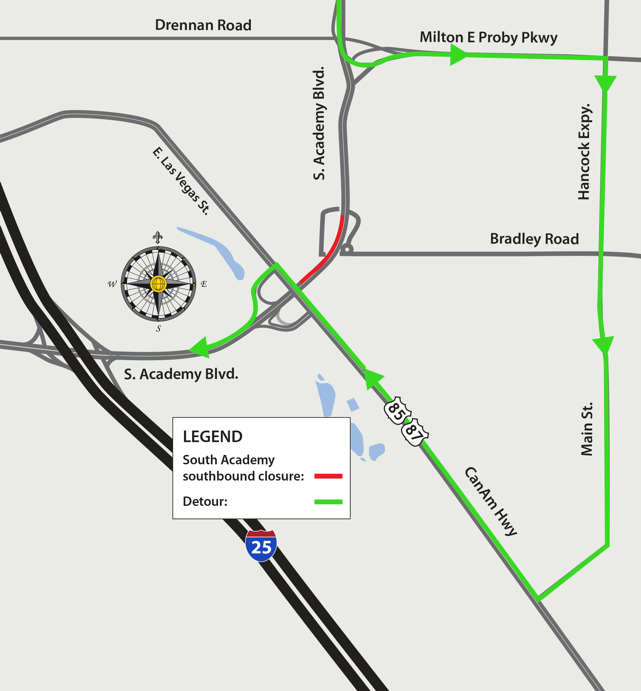 Detour closure map southbound South Academy Boulevard 07182025.png ...