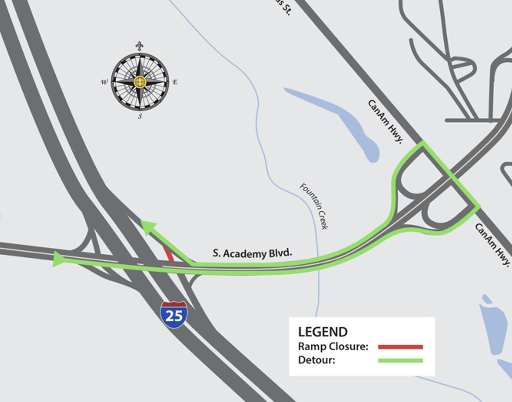 Detour map for northbound I-25 on-ramp closure from eastbound South ...