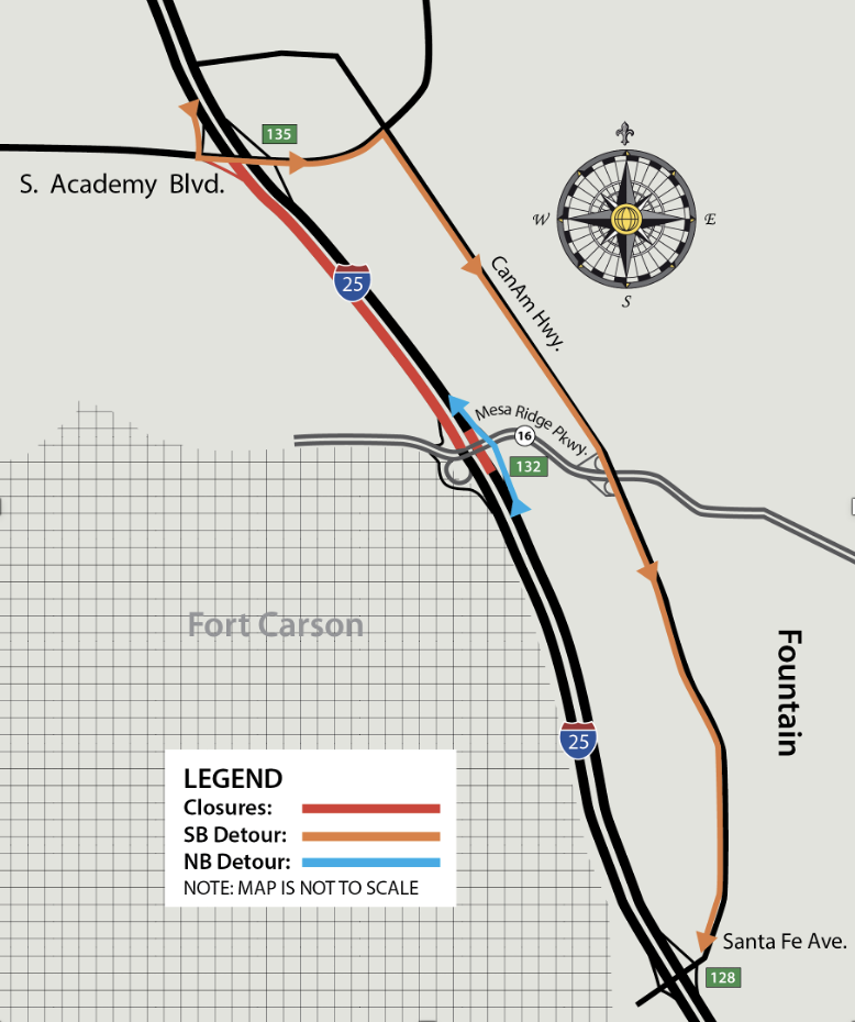 Detour Map for Southbound I25 Closure north of the CO 16 and Fort ...