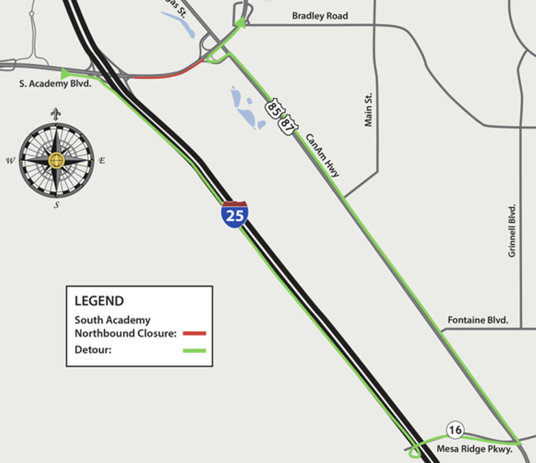 Detour map of northbound South Academy Boulevard closure between I-25 ...