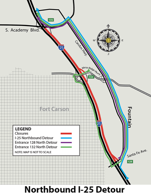 Map of Northbound I-25 Detour between Santa Fe and Academy Boulevard ...