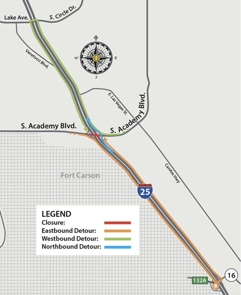 Northbound I-25 detour maps using on- and off-ramps at South Academy ...