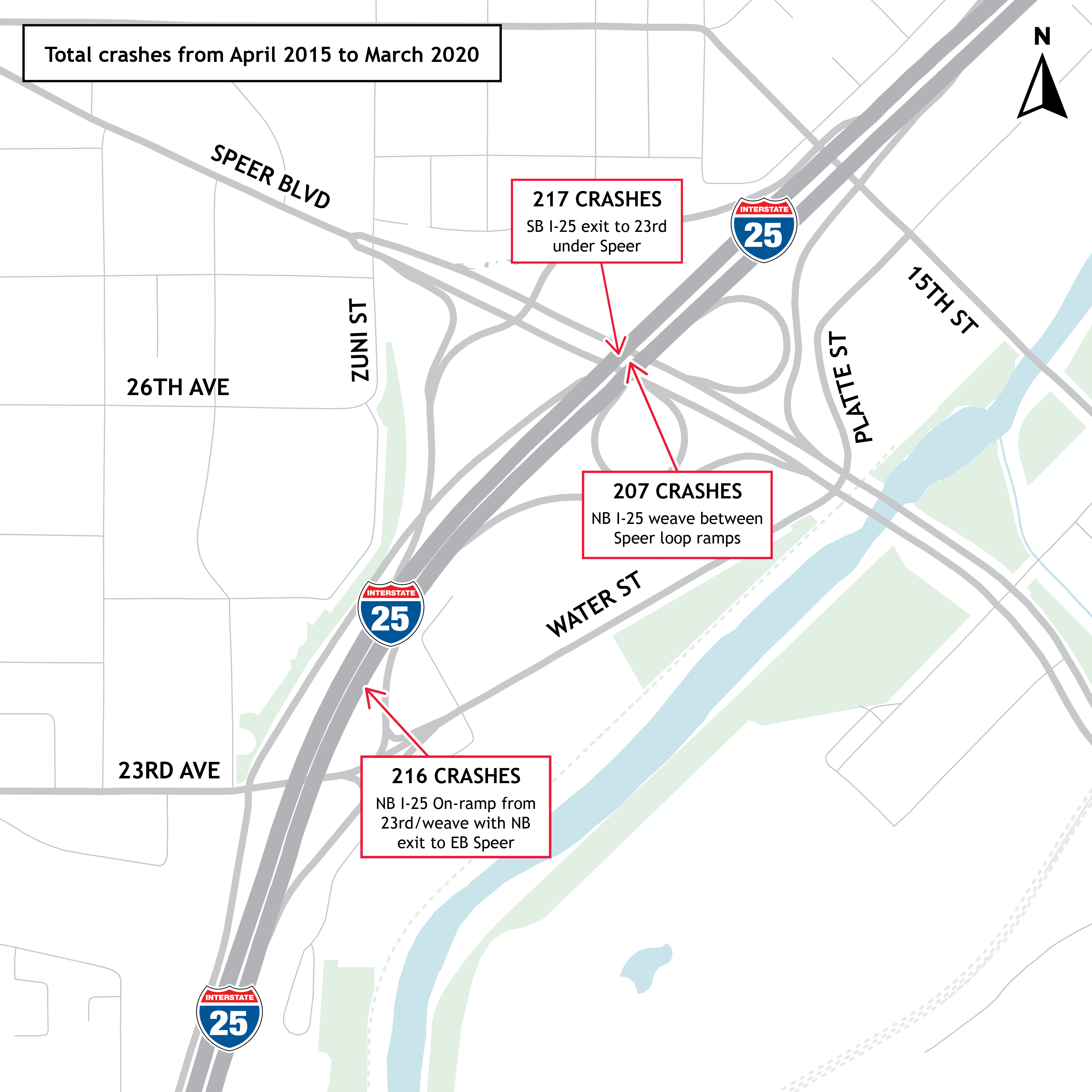Map of total crashes in the project area from April 2015 to March 2020 ...